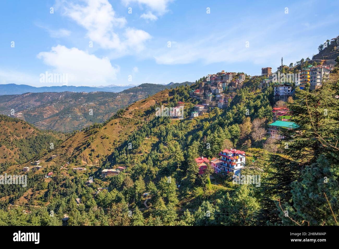 Sarahan hill station aerial view with city houses on the mountain ...