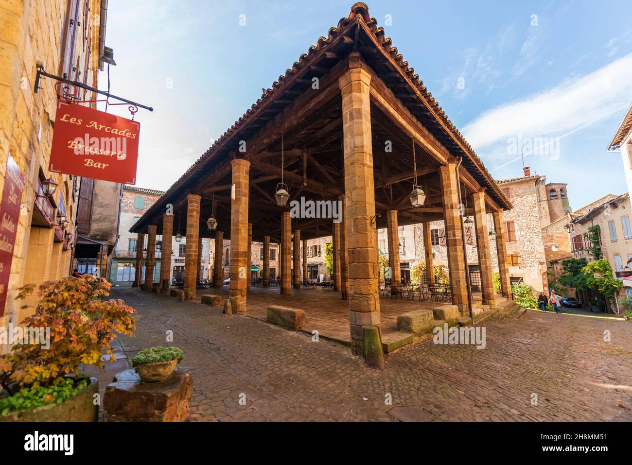 The old halls in the center of the medieval village of Cordes sur ciel ...