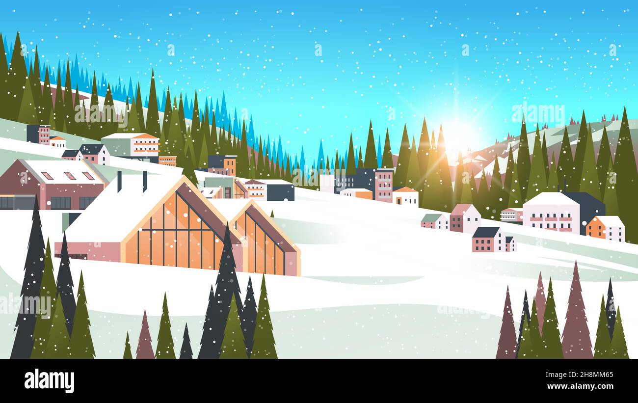 snow covered buildings in winter season residential houses area ski ...