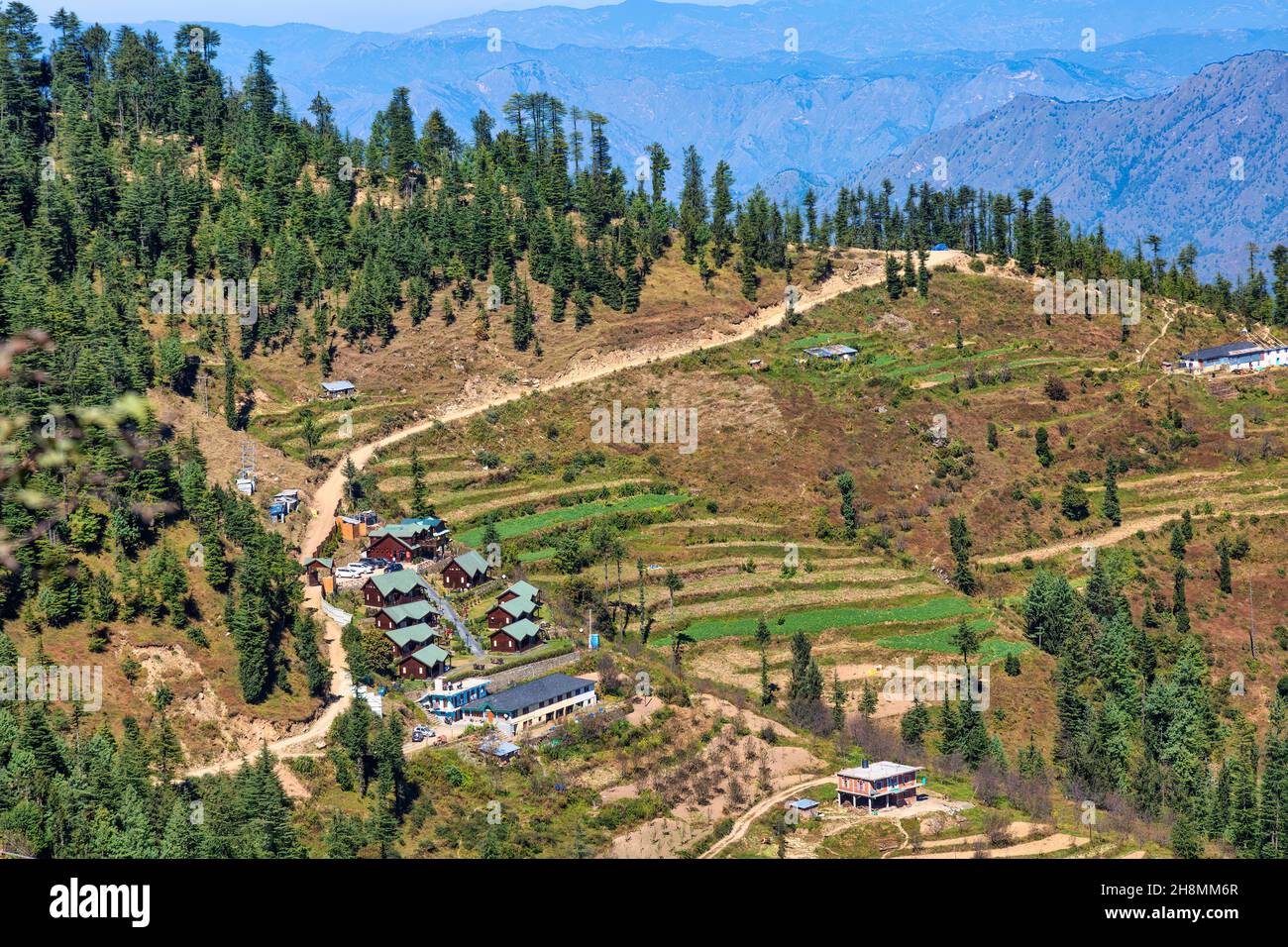 Sarahan hill station aerial view with city houses on the mountain ...