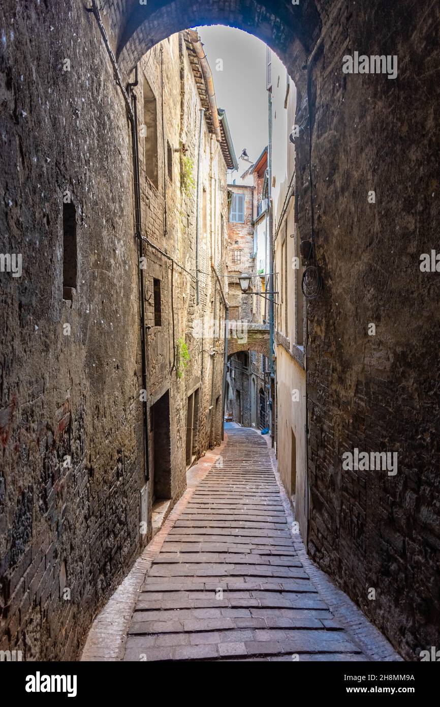 Medieval street in Perugia historic center, Umbria, Italy Stock Photo ...