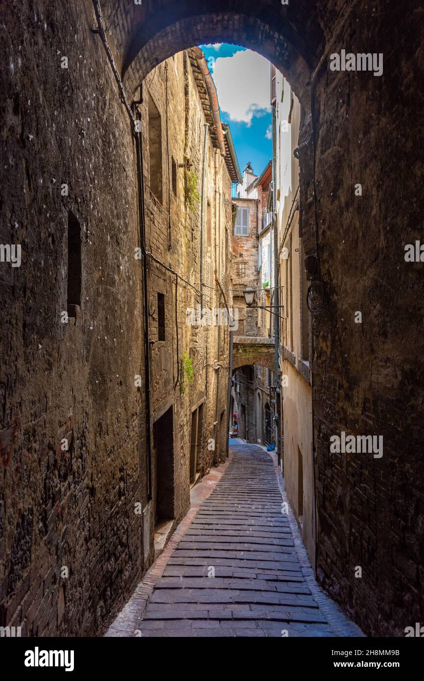 Medieval street in Perugia historic center, Umbria, Italy Stock Photo ...