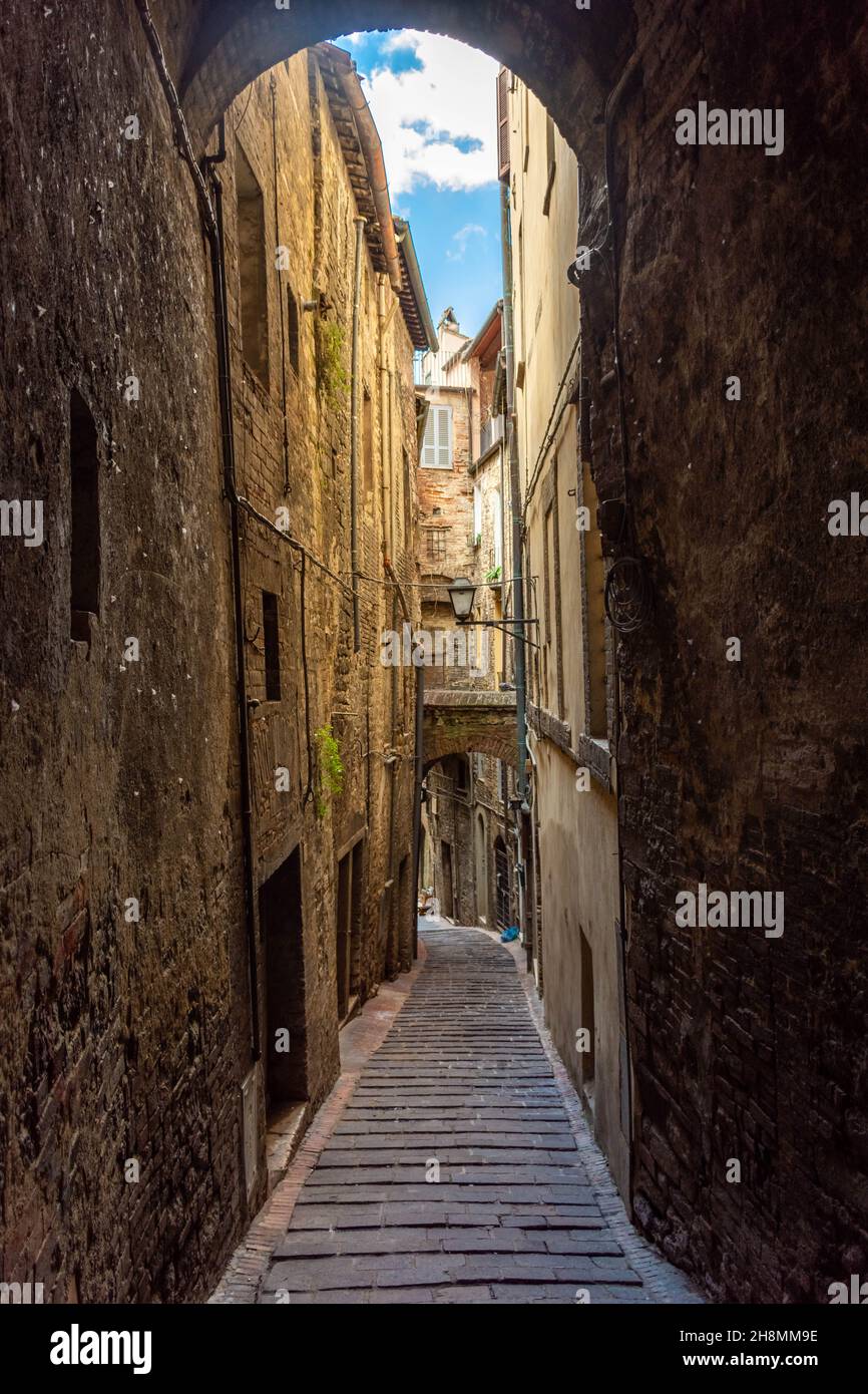 Medieval street in Perugia historic center, Umbria, Italy Stock Photo ...