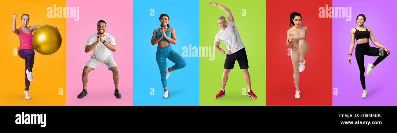 Athletic people doing different workouts, set of full length shots ...