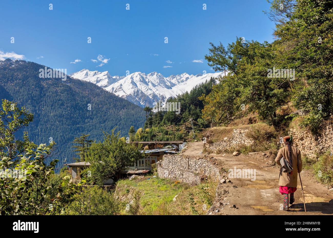 Scenic mountain landscape with unpaved village road with Kinnaur ...