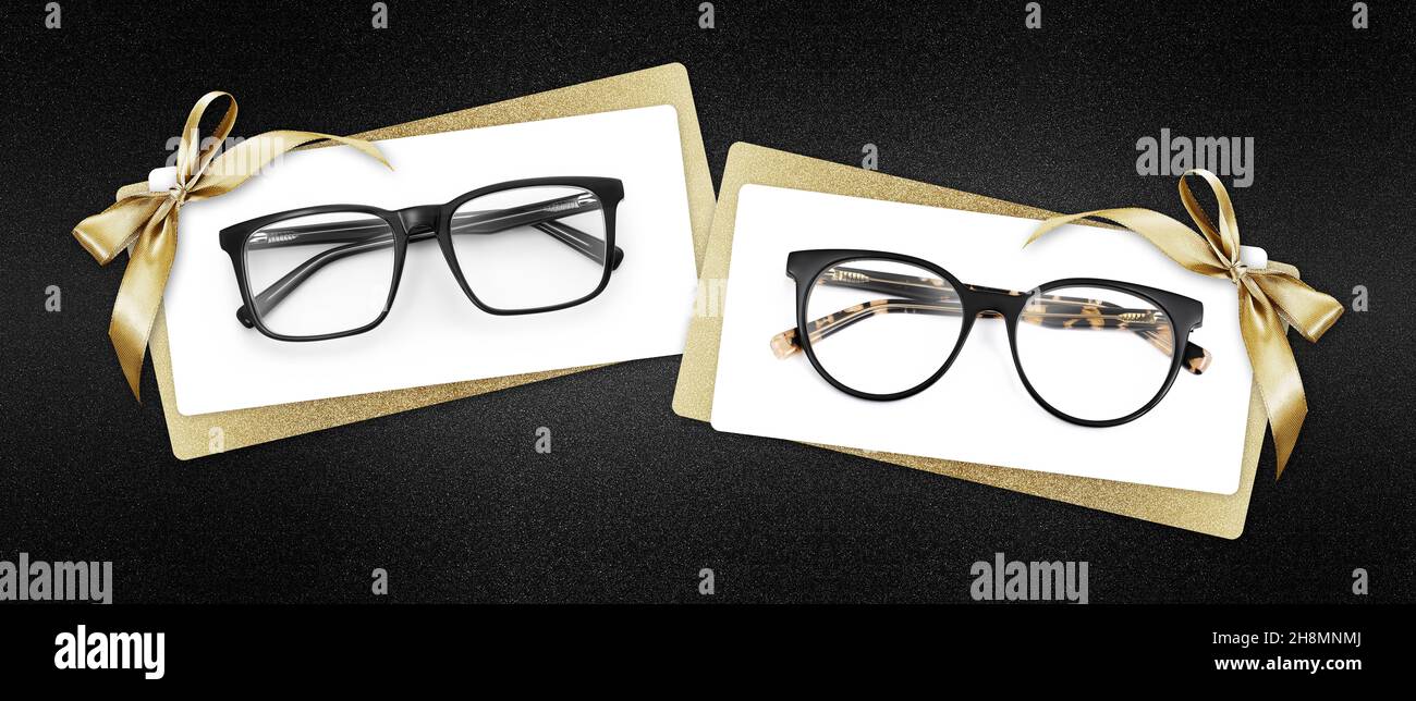 glasses christmas gift card, with golden glittering ribbon bow, white ...