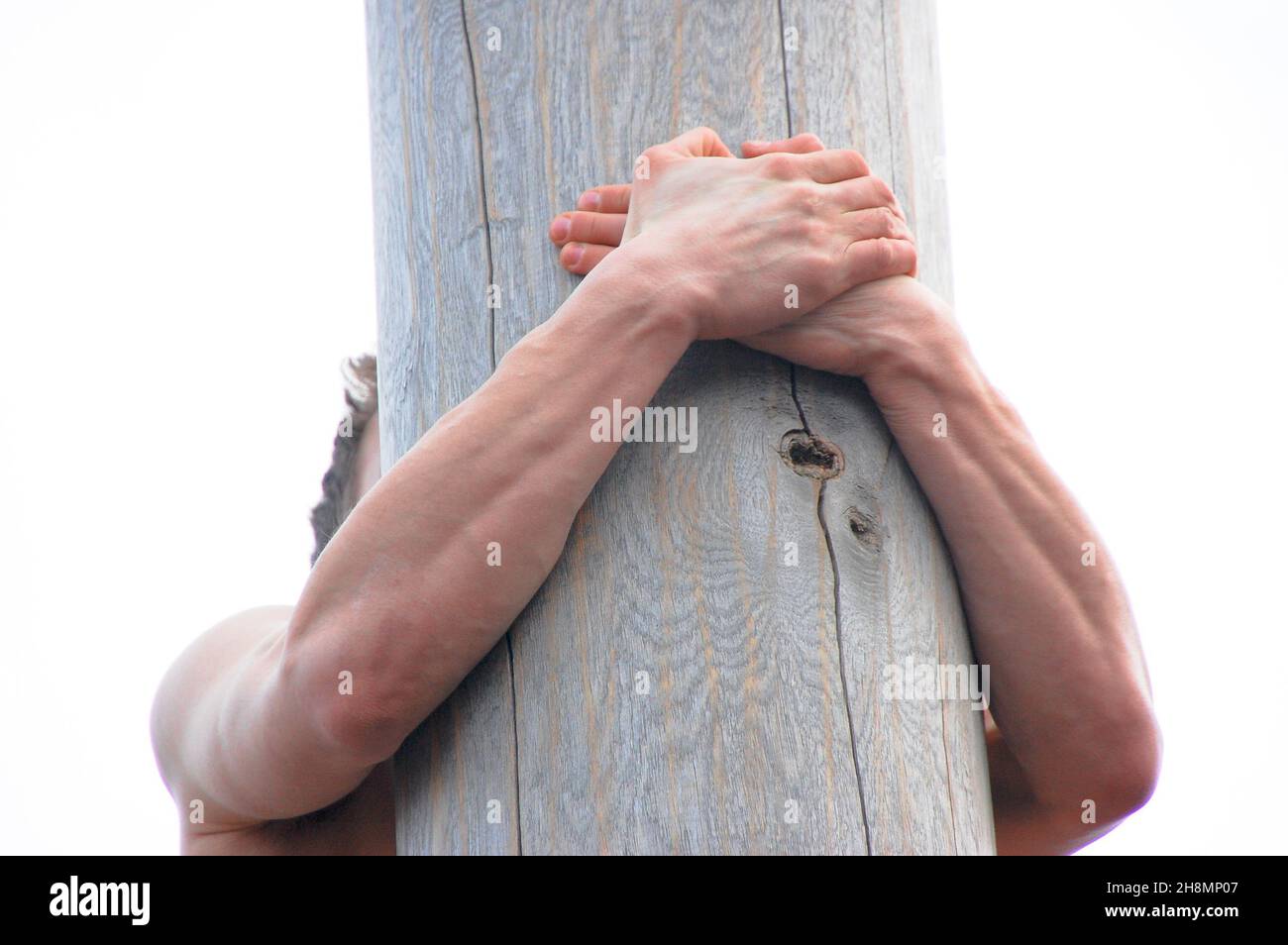 Male hands hold on to pole over white Stock Photo - Alamy
