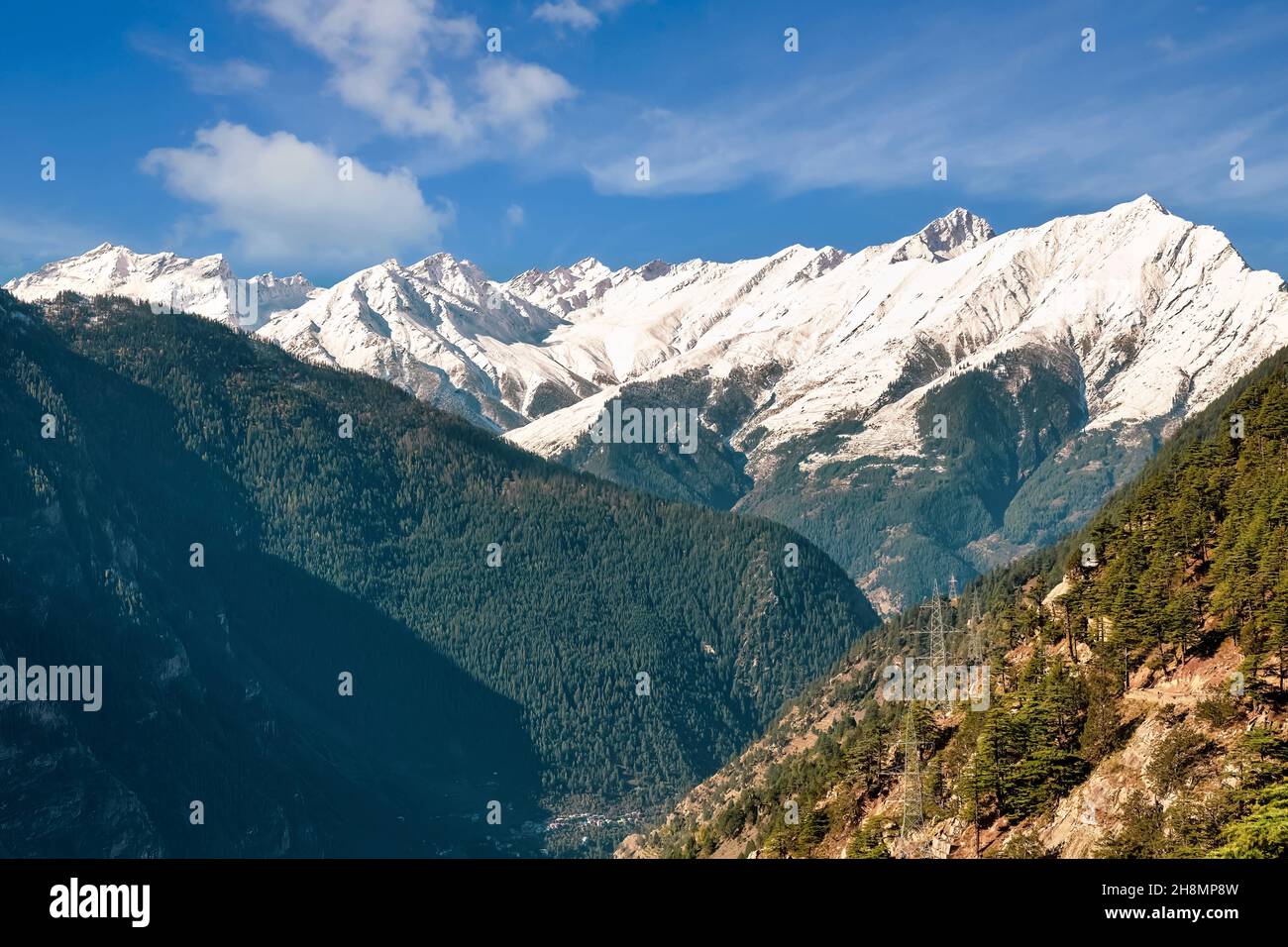 Scenic landscape at Kalpa hill station of Himachal Pradesh with forests ...