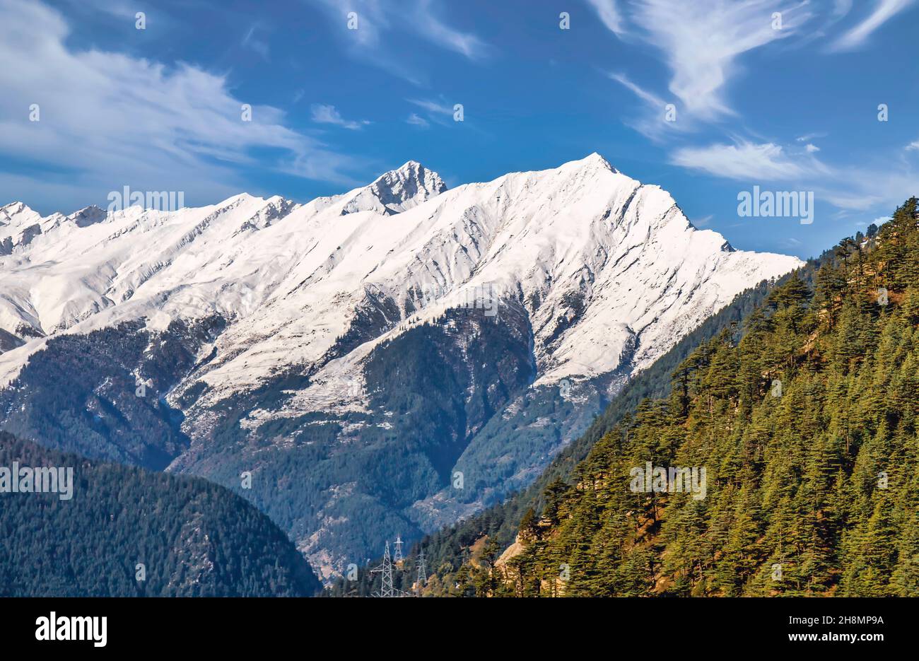 Scenic landscape at Kalpa hill station of Himachal Pradesh with forests ...