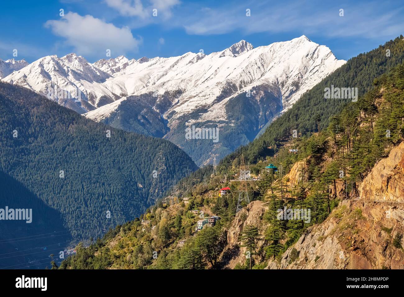 Scenic landscape at Kalpa hill station of Himachal Pradesh with forests ...