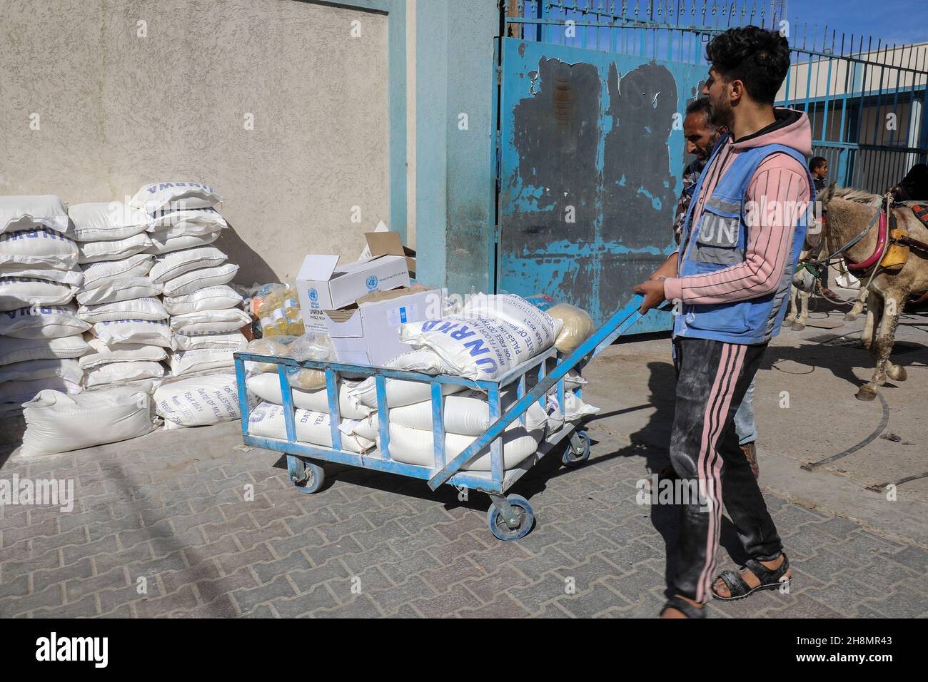 Palestinians receiving food aid for the new cycle from a UN (UNRWA ...