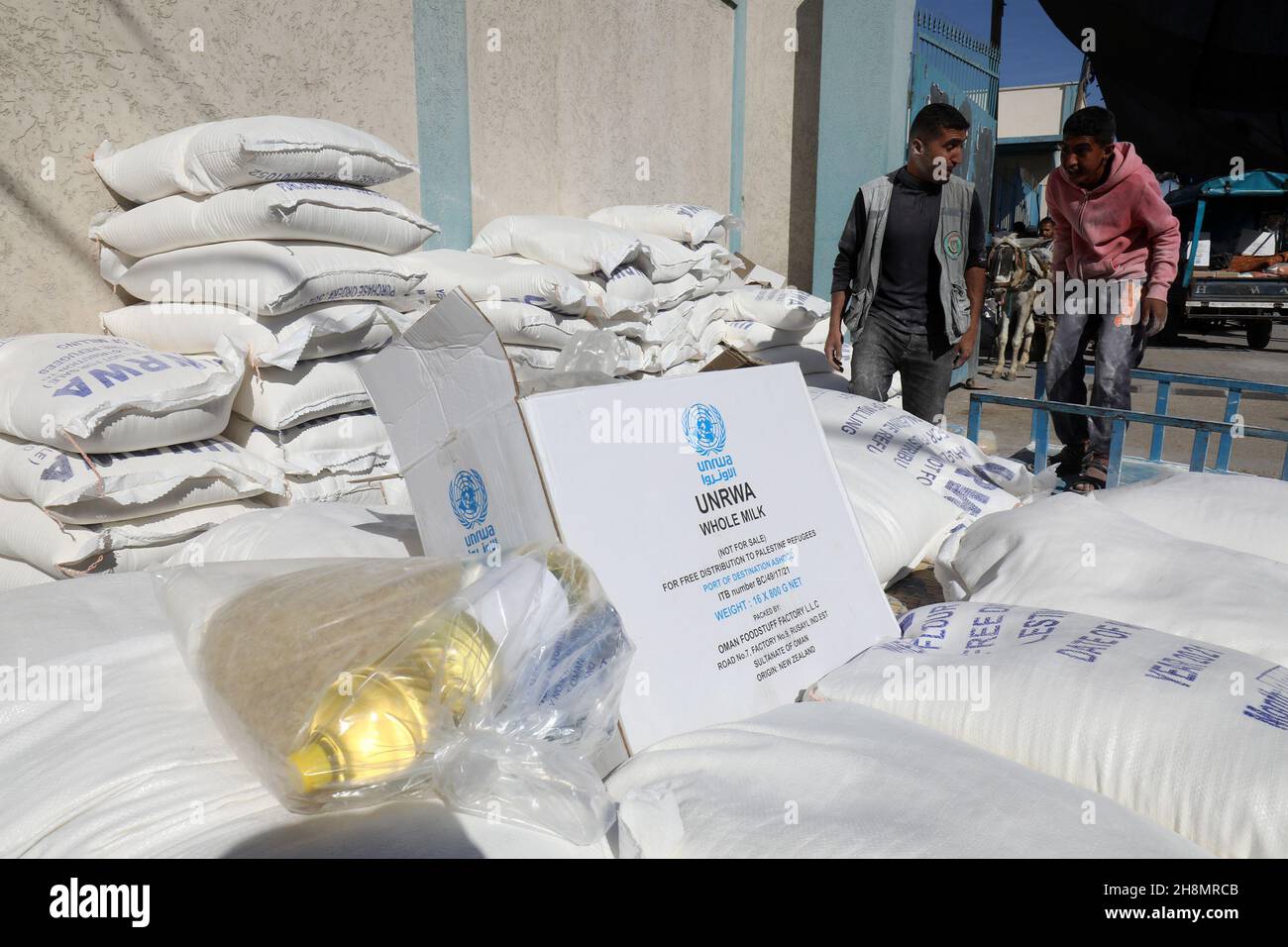Palestinians receiving food aid for the new cycle from a UN (UNRWA ...