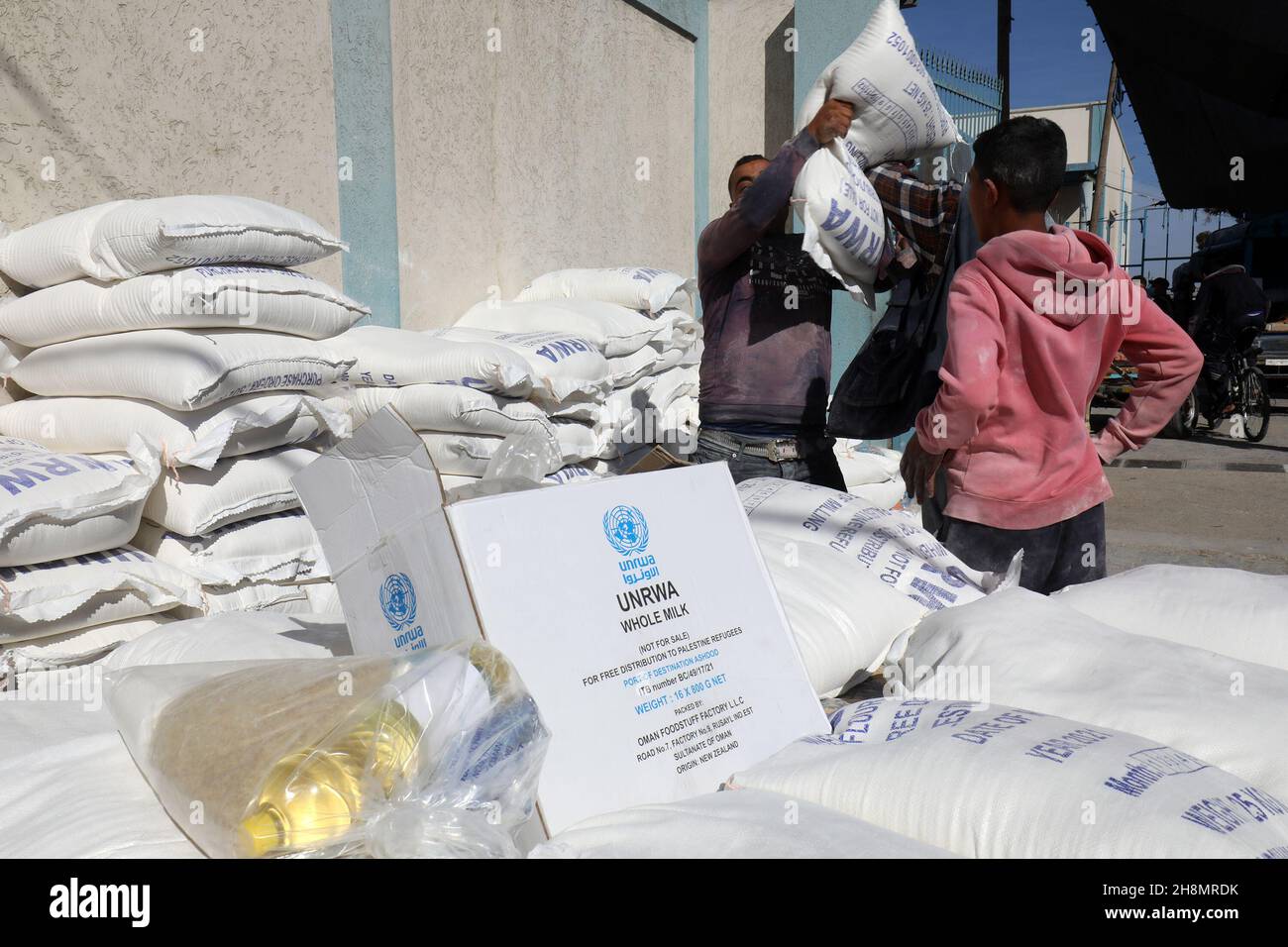 Palestinians receiving food aid for the new cycle from a UN (UNRWA ...