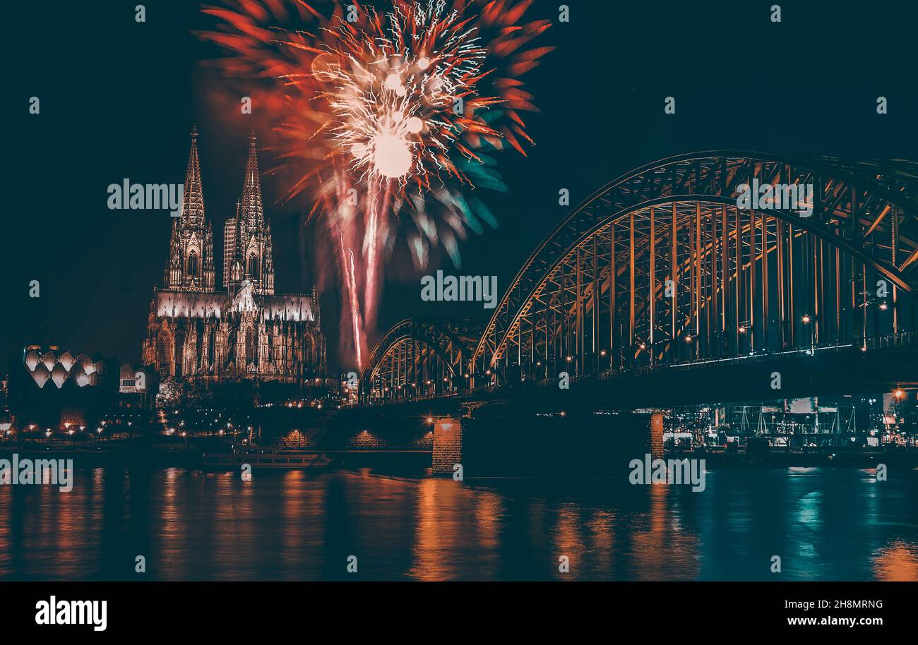 Holiday background - Cologne Cathedral with fireworks, celebration of ...