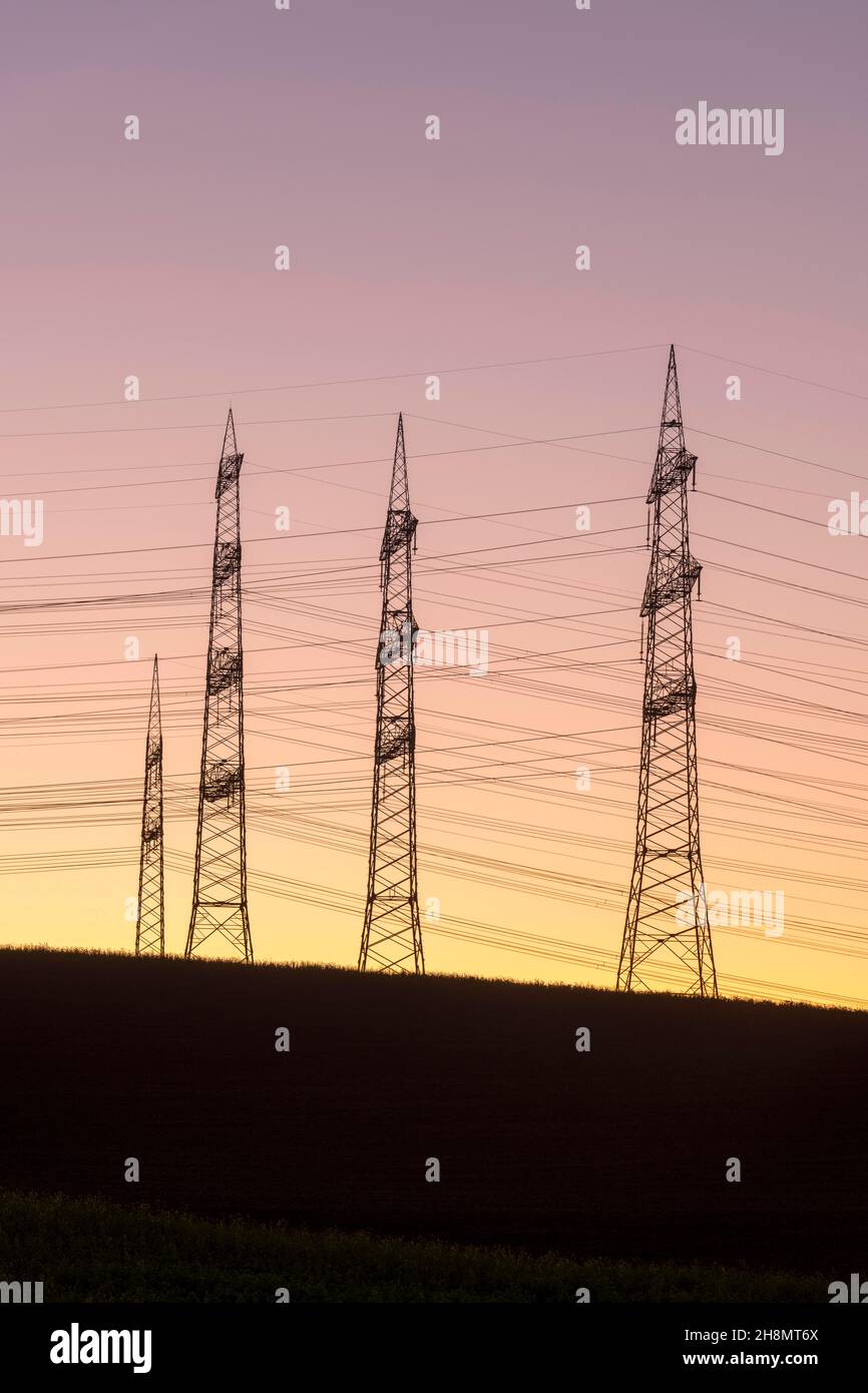 High-voltage pylons, overhead power lines, Baden-Wuerttemberg, Germany ...