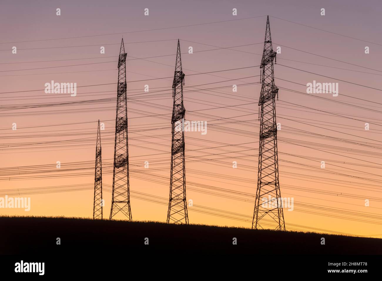 High-voltage pylons, overhead power lines, Baden-Wuerttemberg, Germany ...