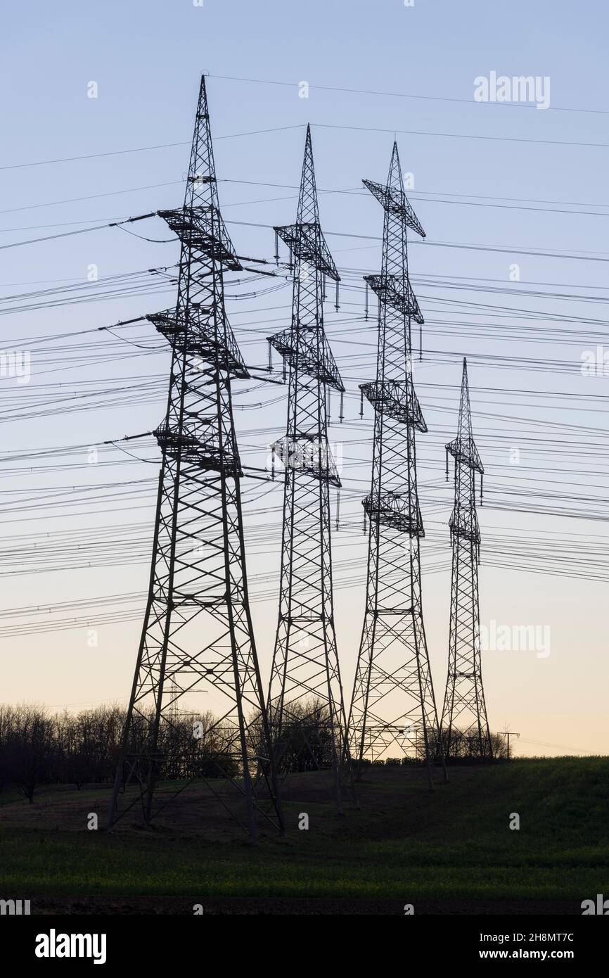 High-voltage pylons, overhead power lines, Baden-Wuerttemberg, Germany ...