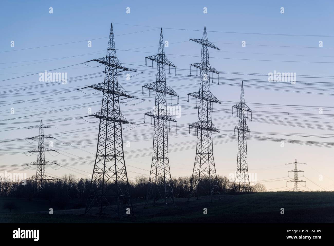 High-voltage pylons, overhead power lines, Baden-Wuerttemberg, Germany ...