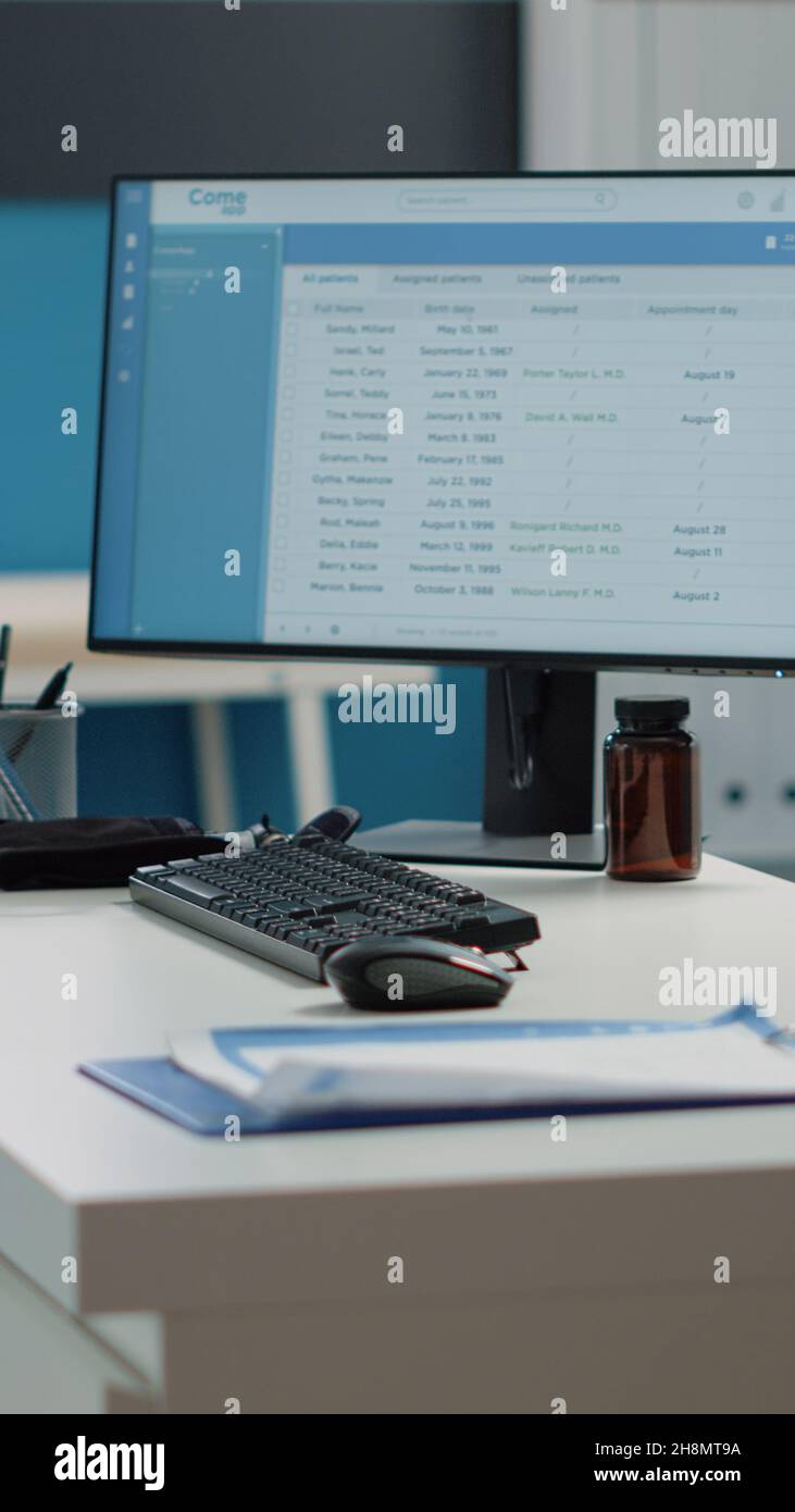 Close up of desk with computer and medical instruments in doctors ...