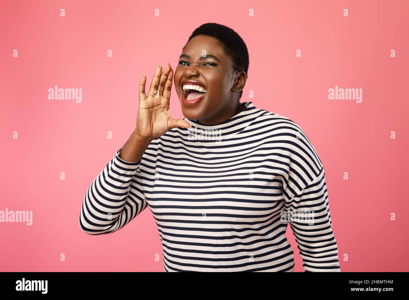 African American Lady Shouting Holding Hand Near Mouth, Pink Background ...