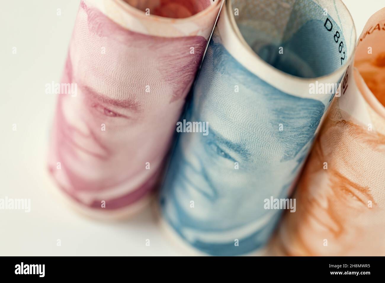 Macro Turkish Money (Lira) roll banknotes. Devaluation, downturn ...