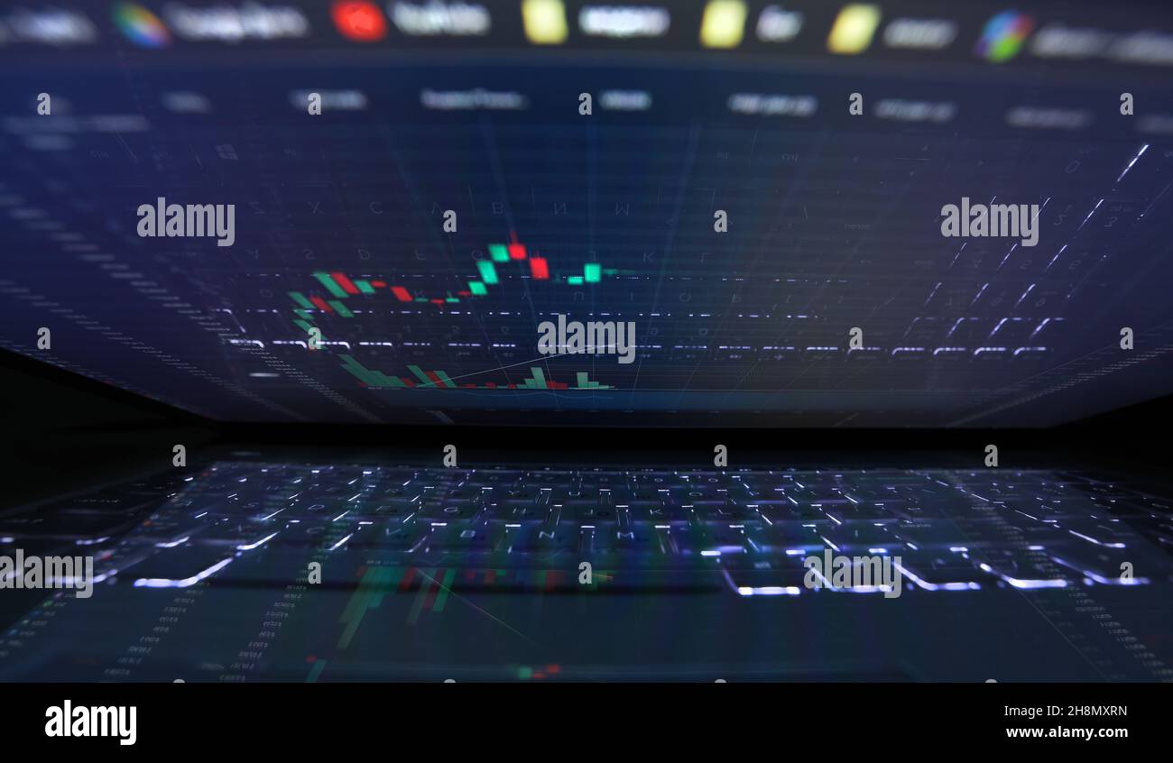 Laptop screen with stock market charts. Technical analysis and ...