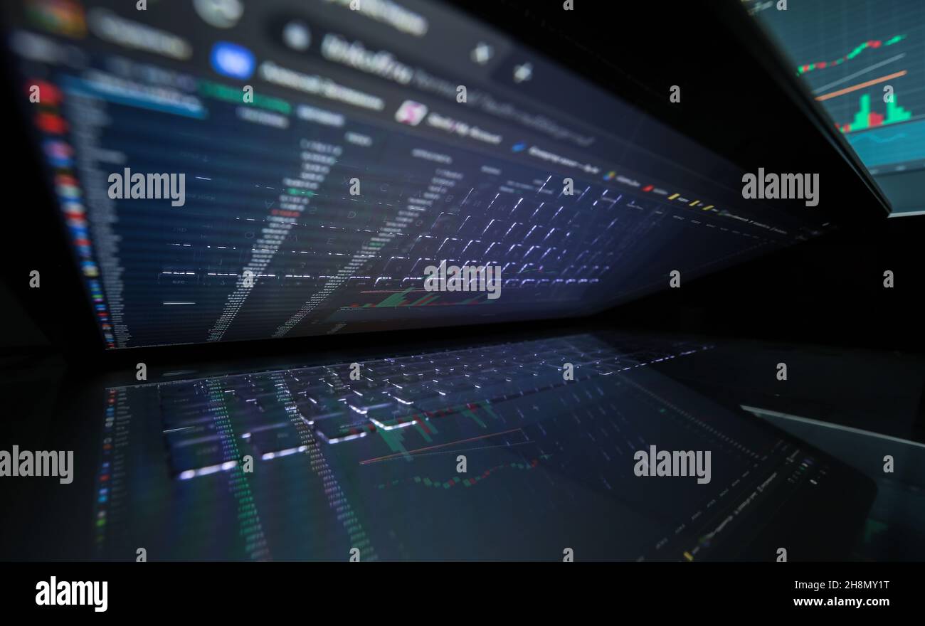 Laptop screen with stock market charts. Technical analysis and ...