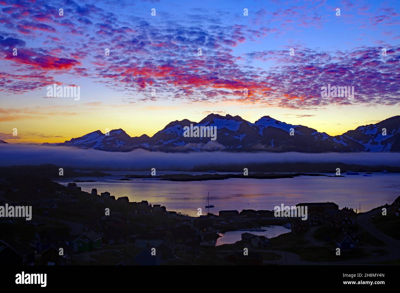 Sunset over fjord, Tasilaq, East Greenland, Greenland, Denmark Stock ...