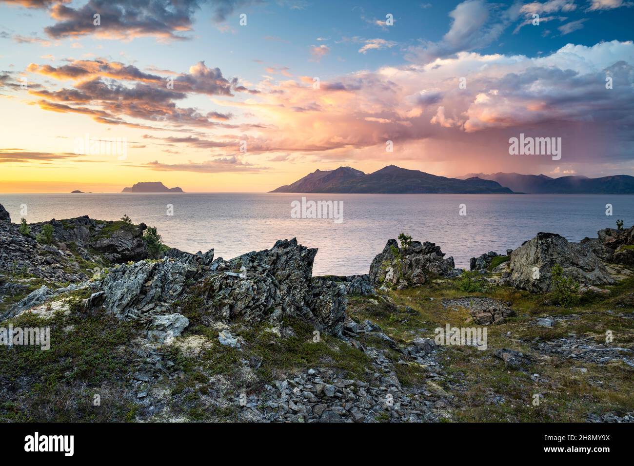 Coast near Lyngstuva, View of fjord in evening mood, Lyngen Alps ...