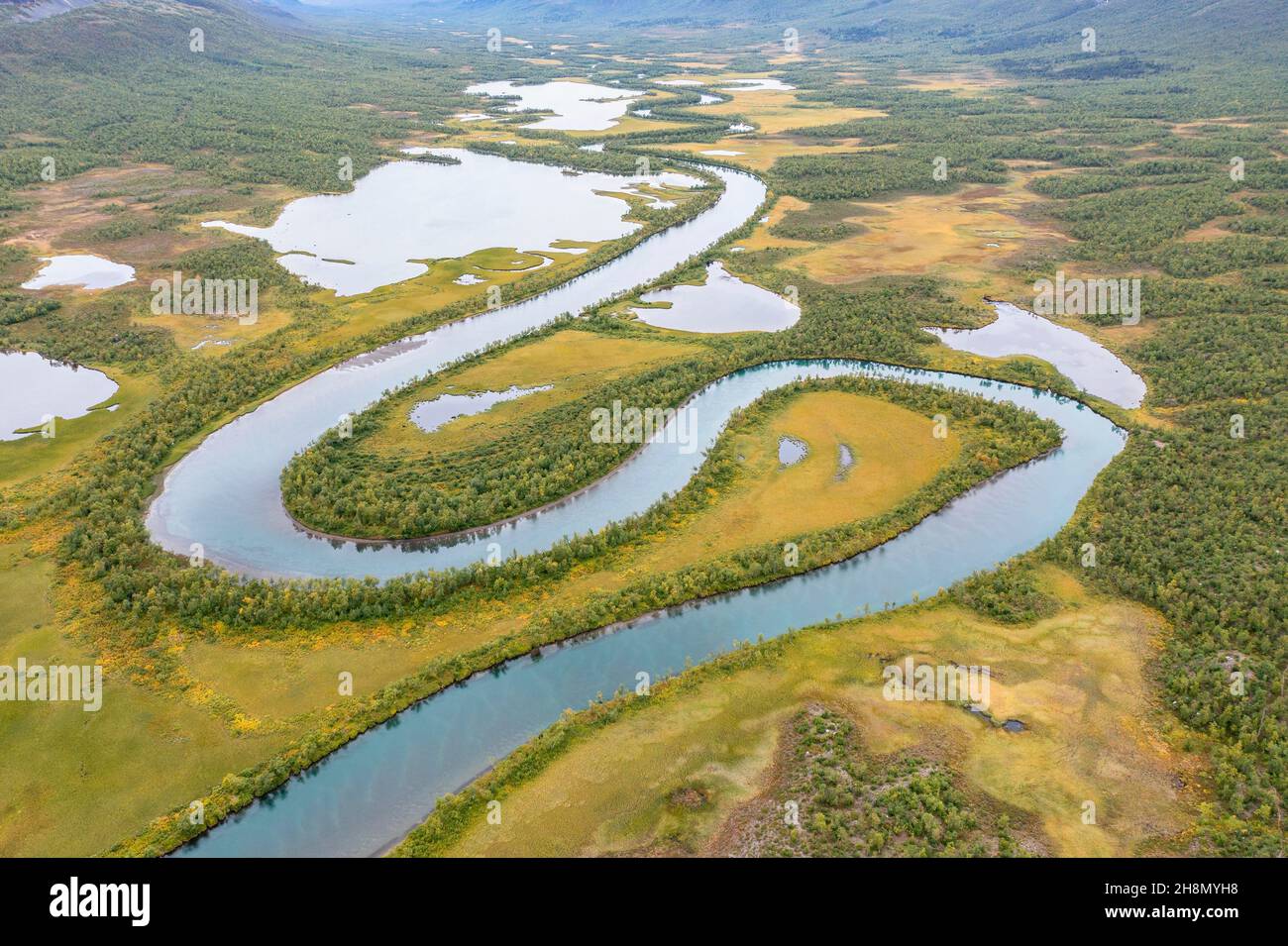 River landscape from the air, Visttasjohka river course, Nikkaluokta ...