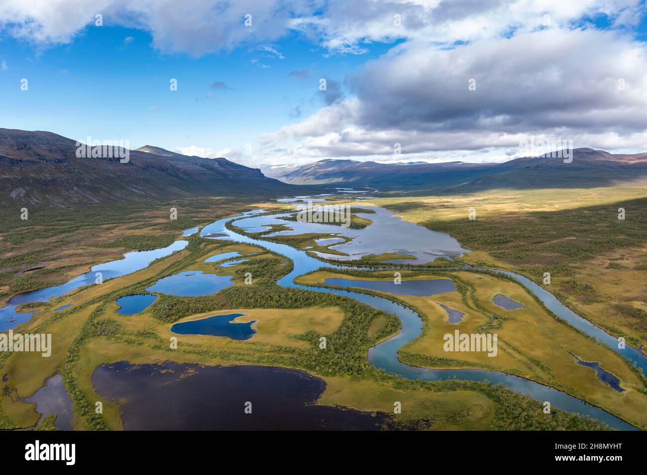River landscape from the air, Visttasjohka river course, Visttasvaggi ...