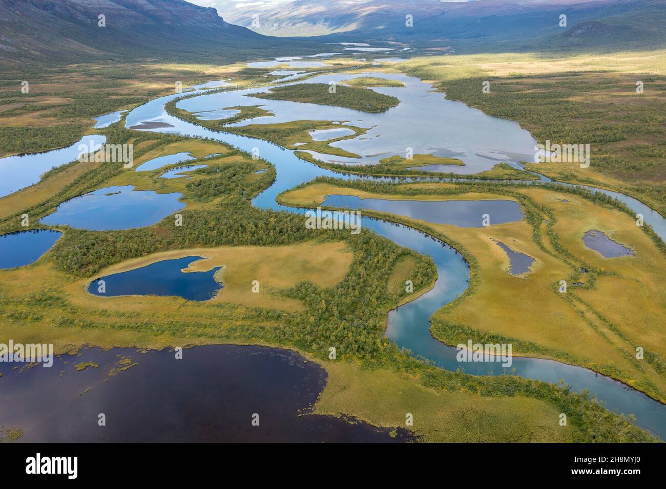 River landscape from the air, Visttasjohka river course, Nikkaluokta ...