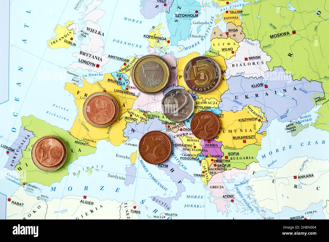 Map of Europe, European Union and coins of Euro and Polish Zlotych ...