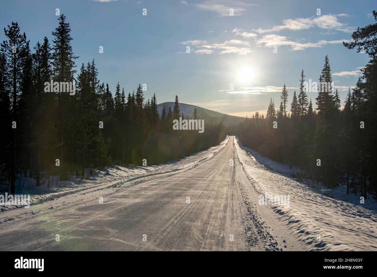 Road to Muonio in the backlight, Muonio, Lapland, Finland Stock Photo ...