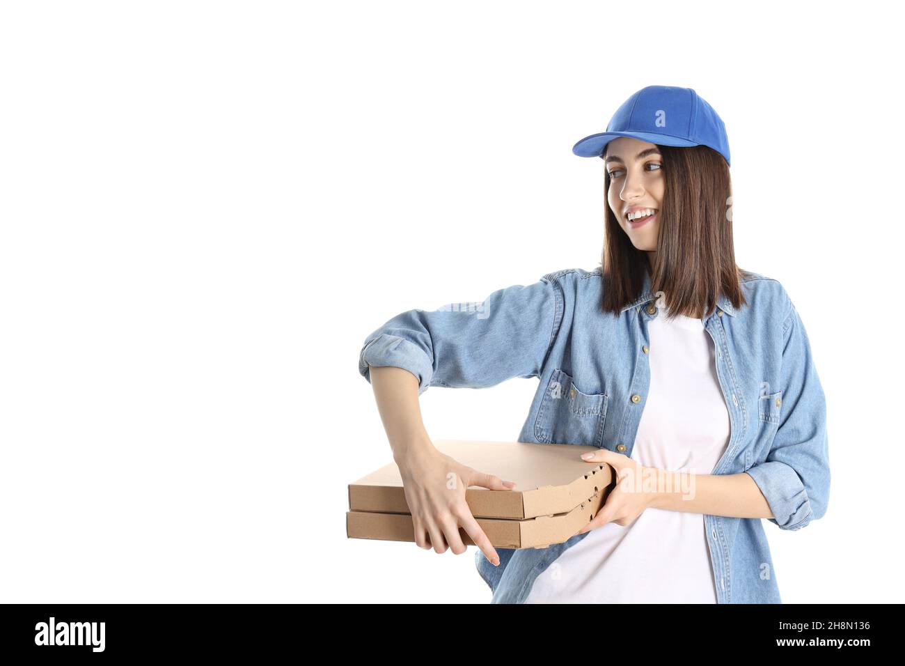 Young delivery girl isolated on white background Stock Photo - Alamy