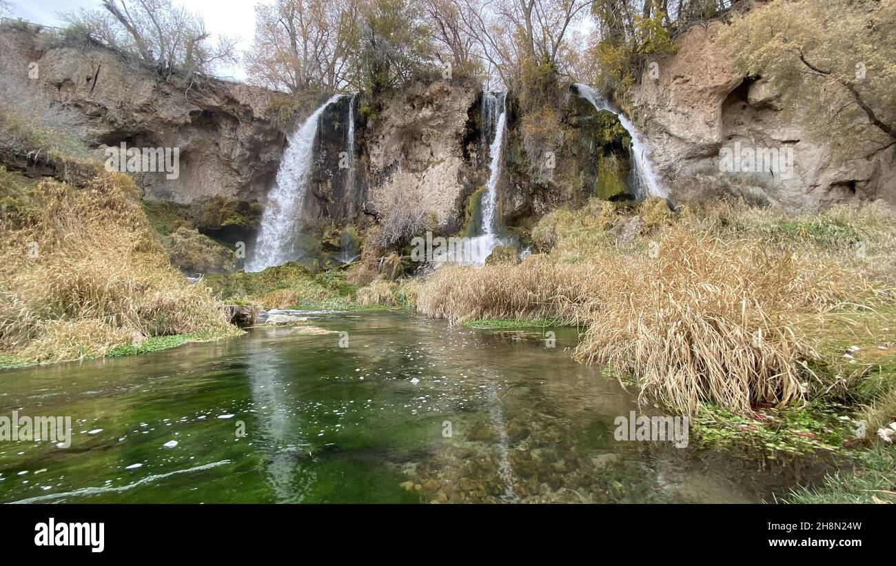 Beautiful shot of huge waterfalls in the Rifle Falls State Park on a ...