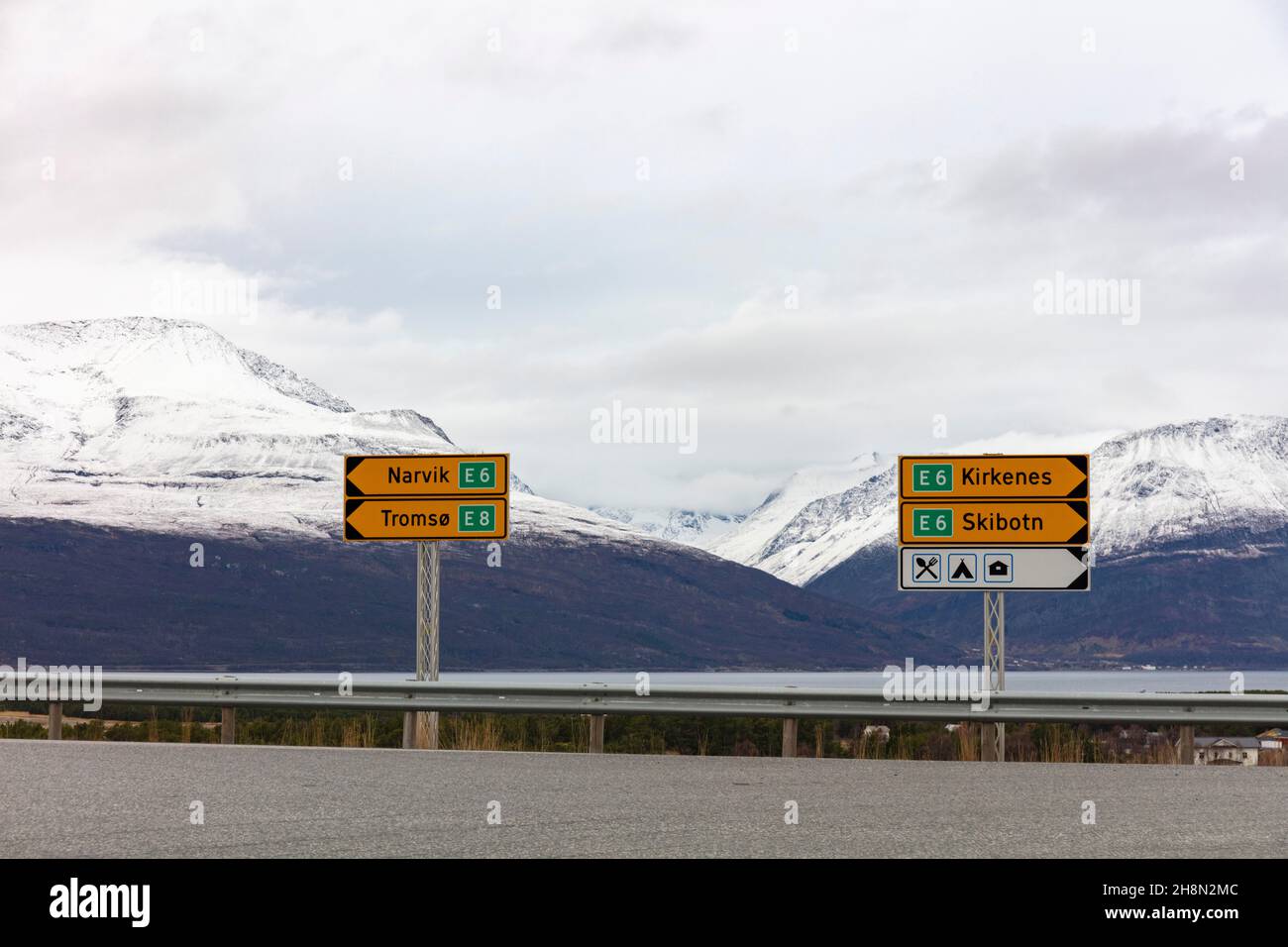 Road signs, Northern Route European Road E6 Tromso-Kirkenes, Skibotn ...