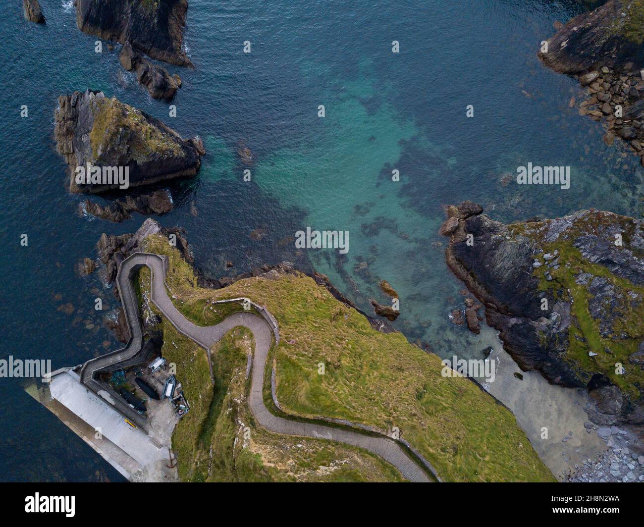 Aerial view, coast and cliffs at Dunquin Harbour, Dun Chaoin, Dingle ...