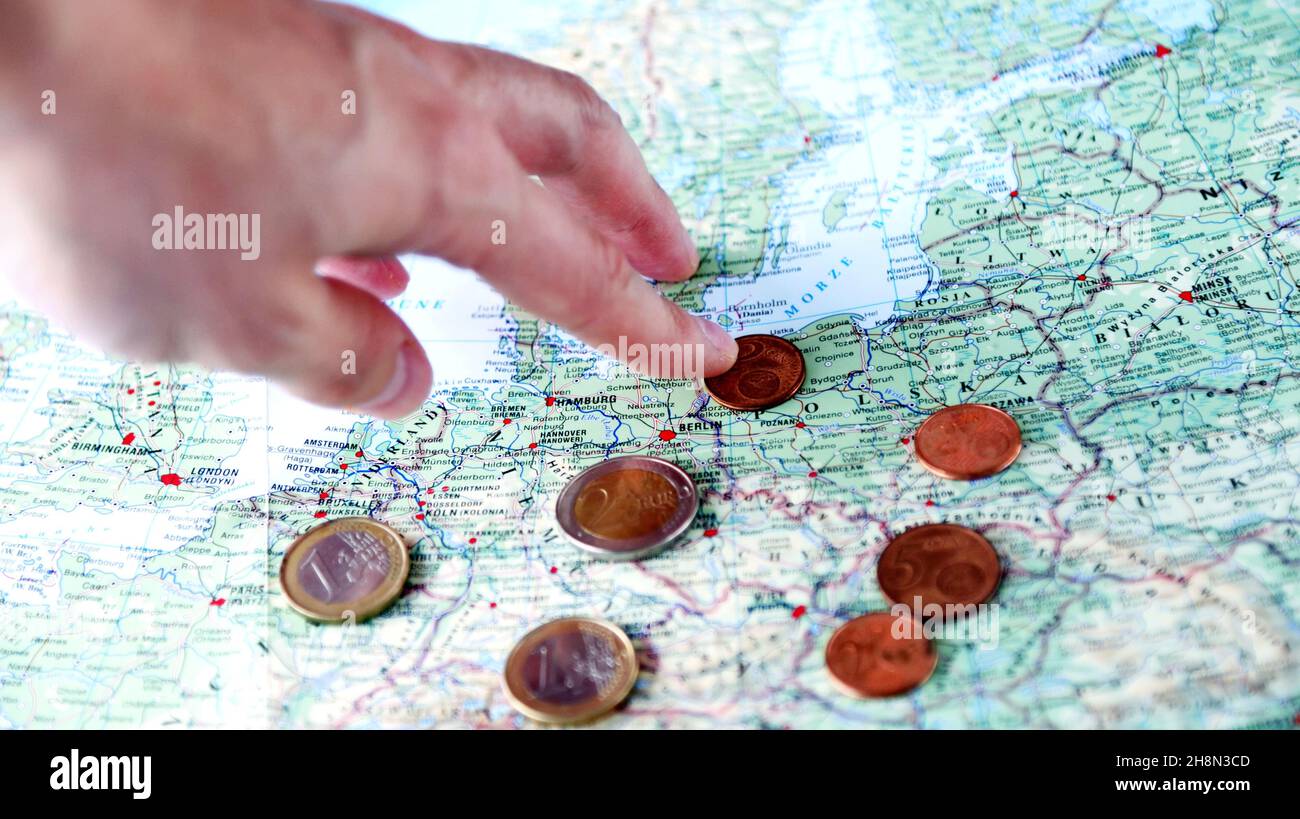 Map of Europe, European Union and coins of Euro and Polish Zlotych ...