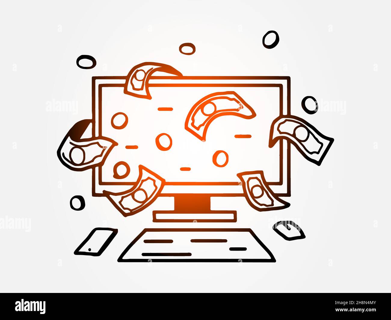 Computer monitor and money are hand drawn, doodle illustration of ...