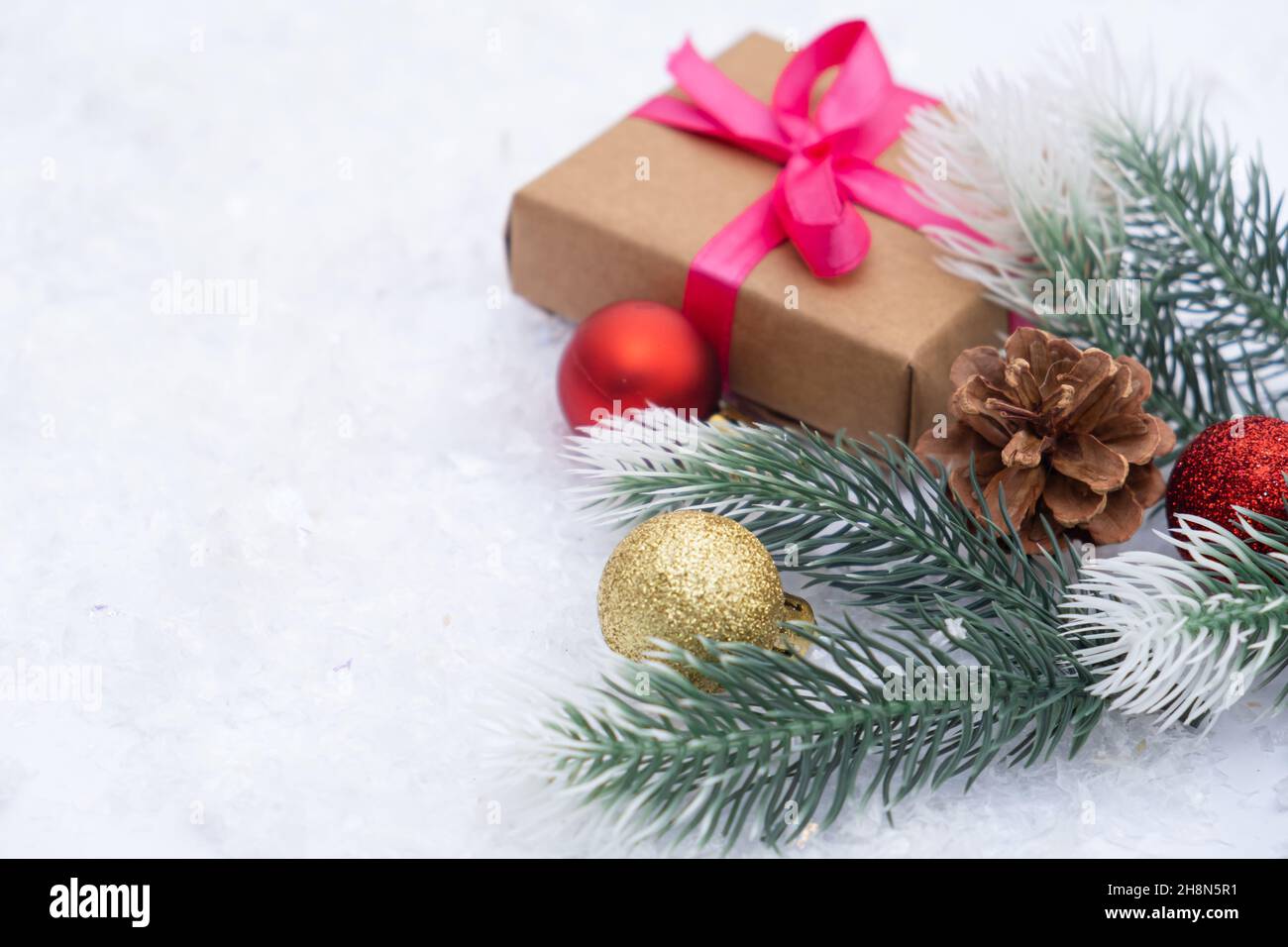 Christmas composition of Christmas tree toy red and gold ball snow ...