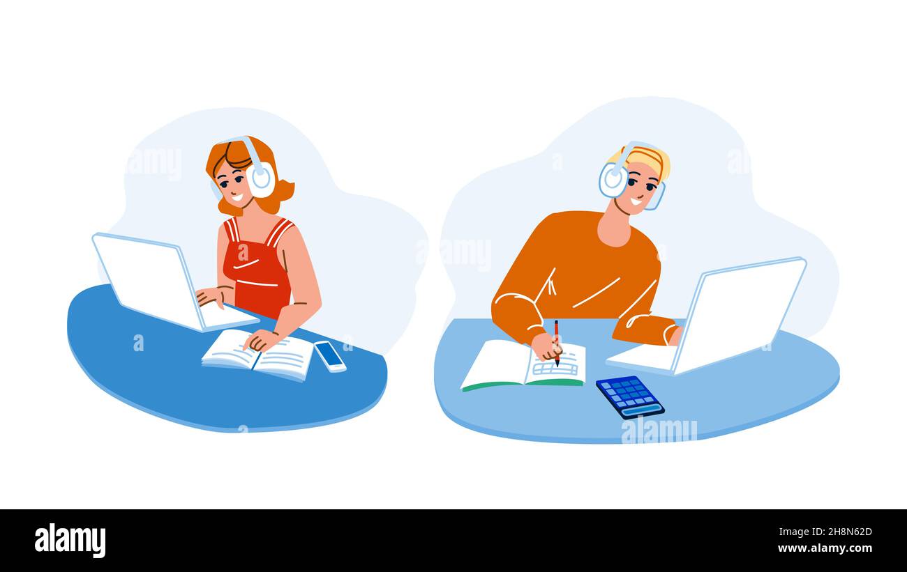 Student Couple Doing Homework On Laptop Vector Stock Vector Image & Art ...