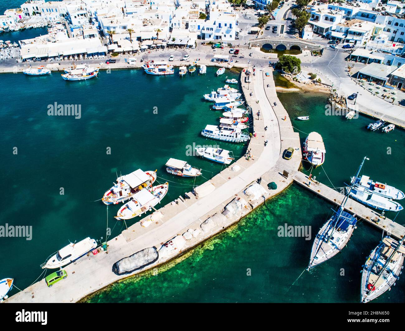 Airview of small yachts moored at jetty in Naoussa port, Greece Stock ...