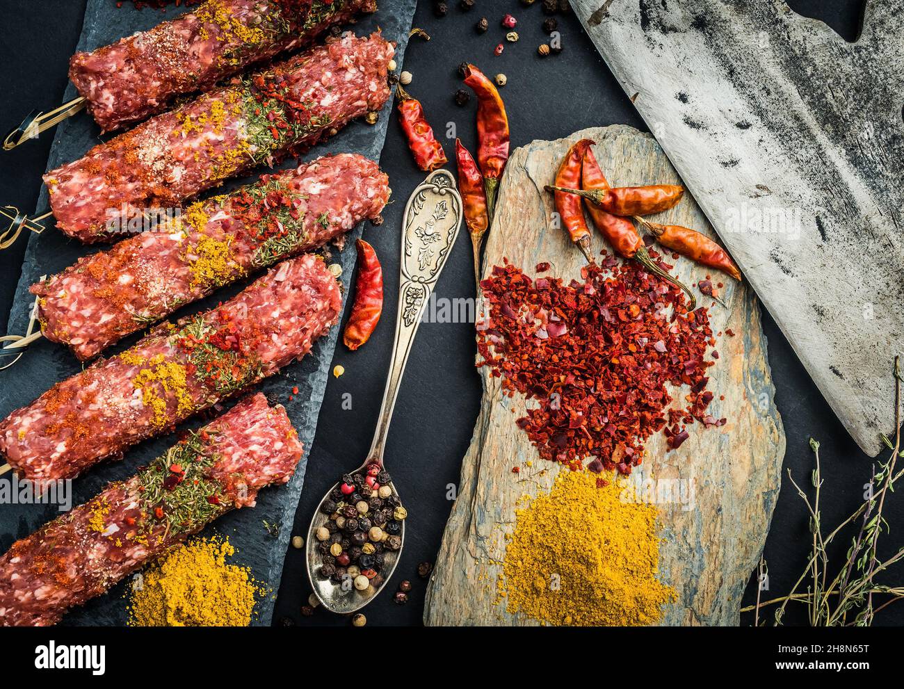 Raw kebab with spices Stock Photo - Alamy