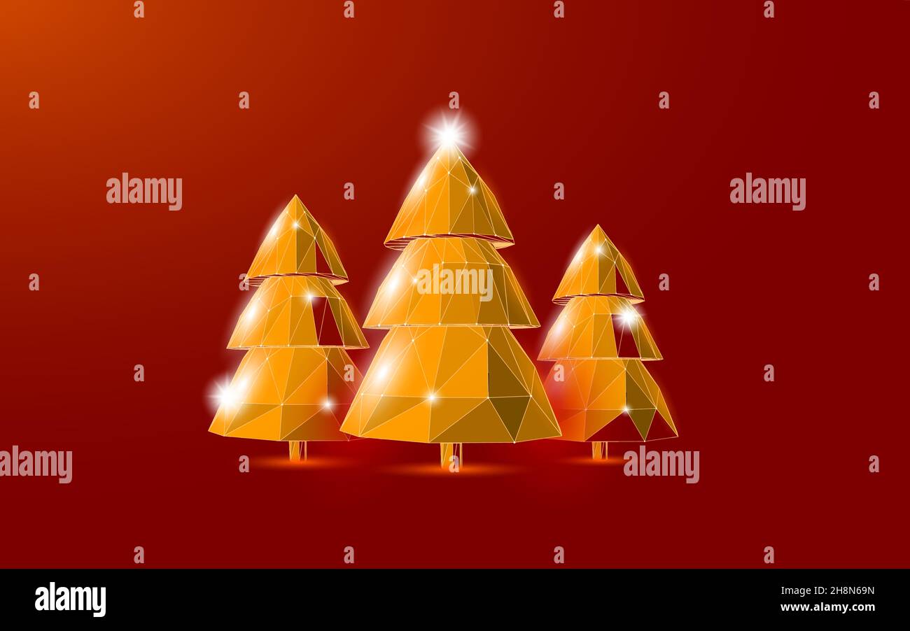 Merry Christmas golden tree 3D object. Holiday greeting card decoration ...