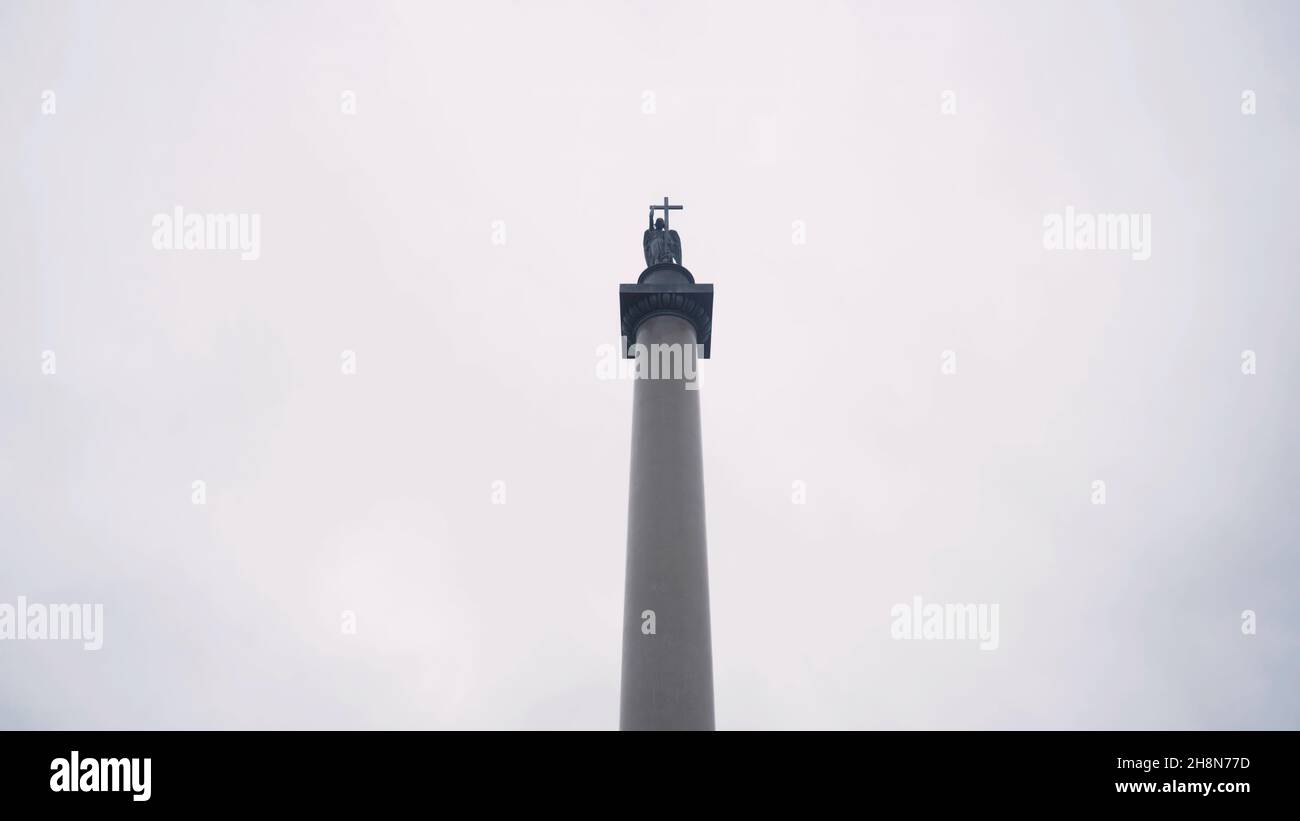 Alexandrian pillar in Saint Petersburg. Action. Bottom view of ...