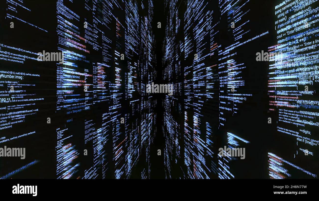 Source codes in cyberspace on black background. Animation. Dive into cyberspace with walls of ...