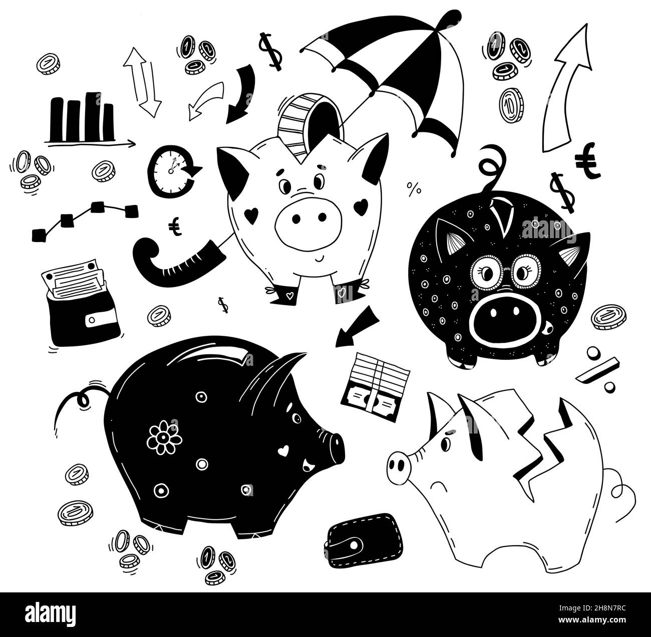 Collection of cute pig piggy bank and money. Vector illustration in ...