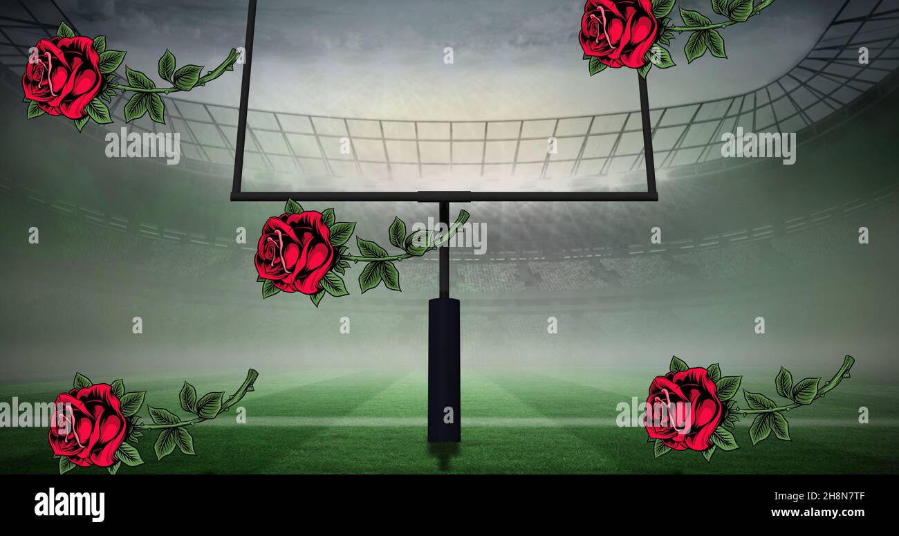 Digital composite image of falling red roses against goal post on ...