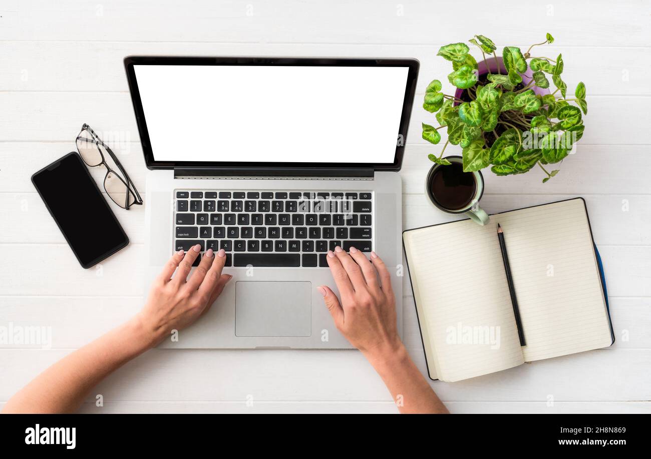 Top view of girl at working place Stock Photo - Alamy